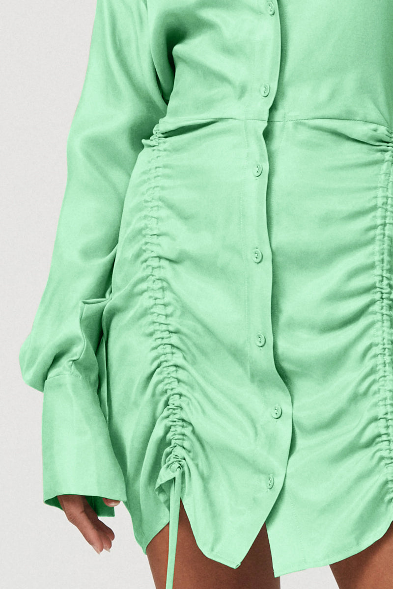 SUBOO - Halley Rouched Mini Shirt Dress - Apple Green – Gigi Belle Boutique