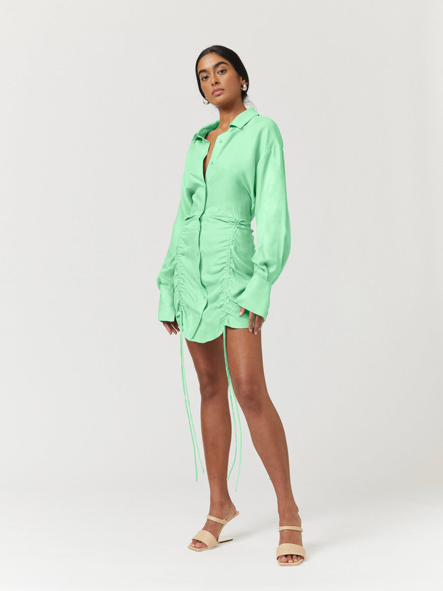 SUBOO - Halley Rouched Mini Shirt Dress - Apple Green – Gigi Belle Boutique